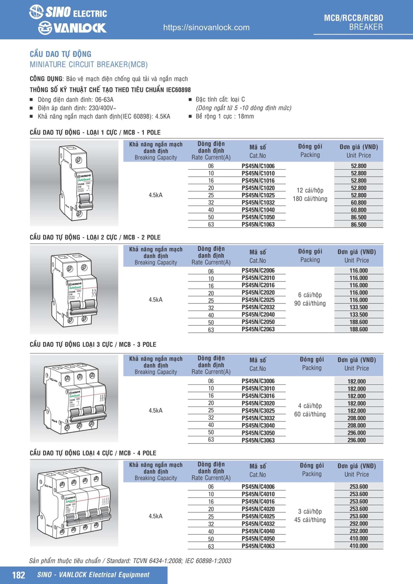 Bảng giá Aptomat MCB RCCB RCBO Sino Vanlock 6-2026