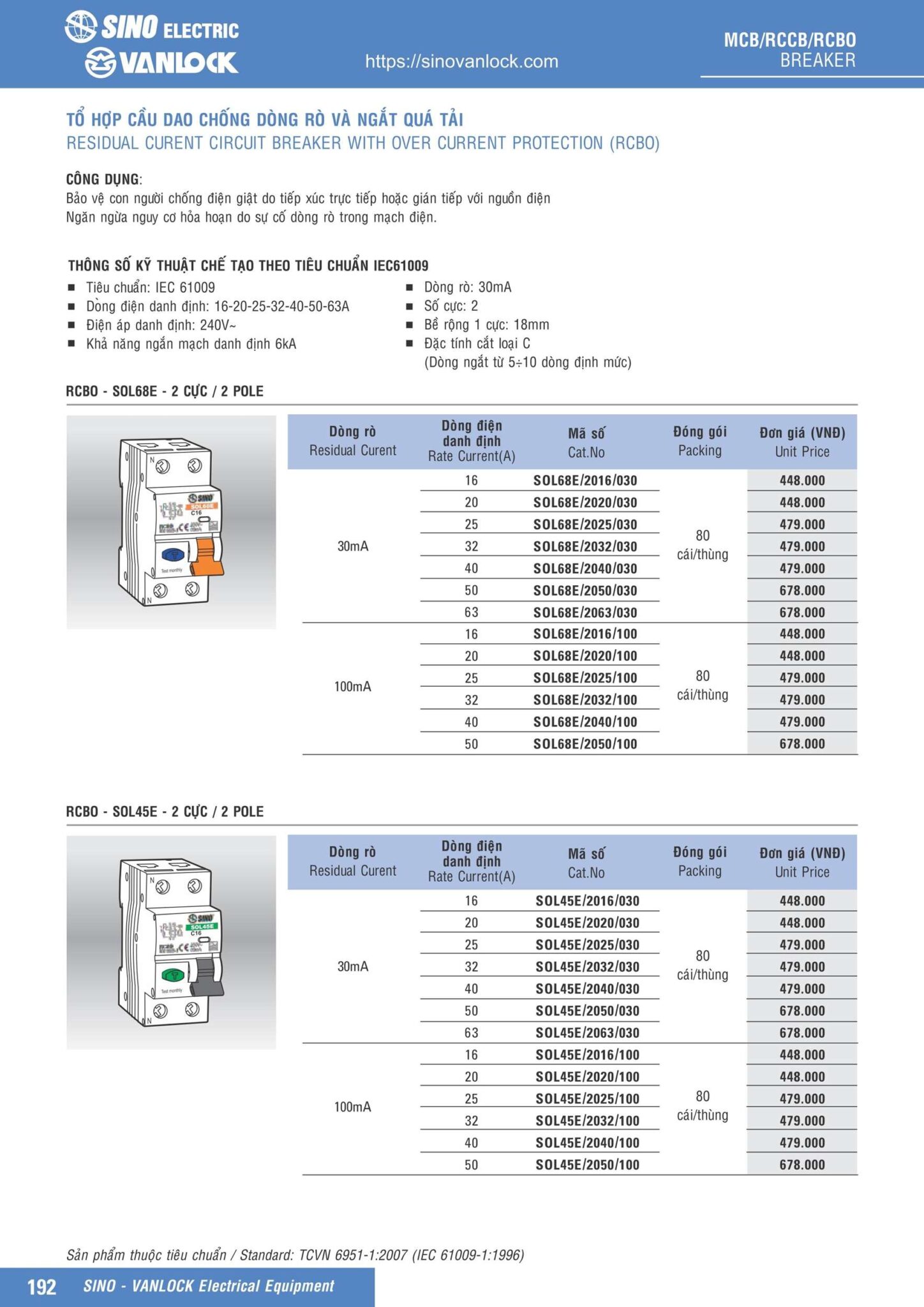 Bảng giá Aptomat MCB RCCB RCBO Sino Vanlock 6-2026