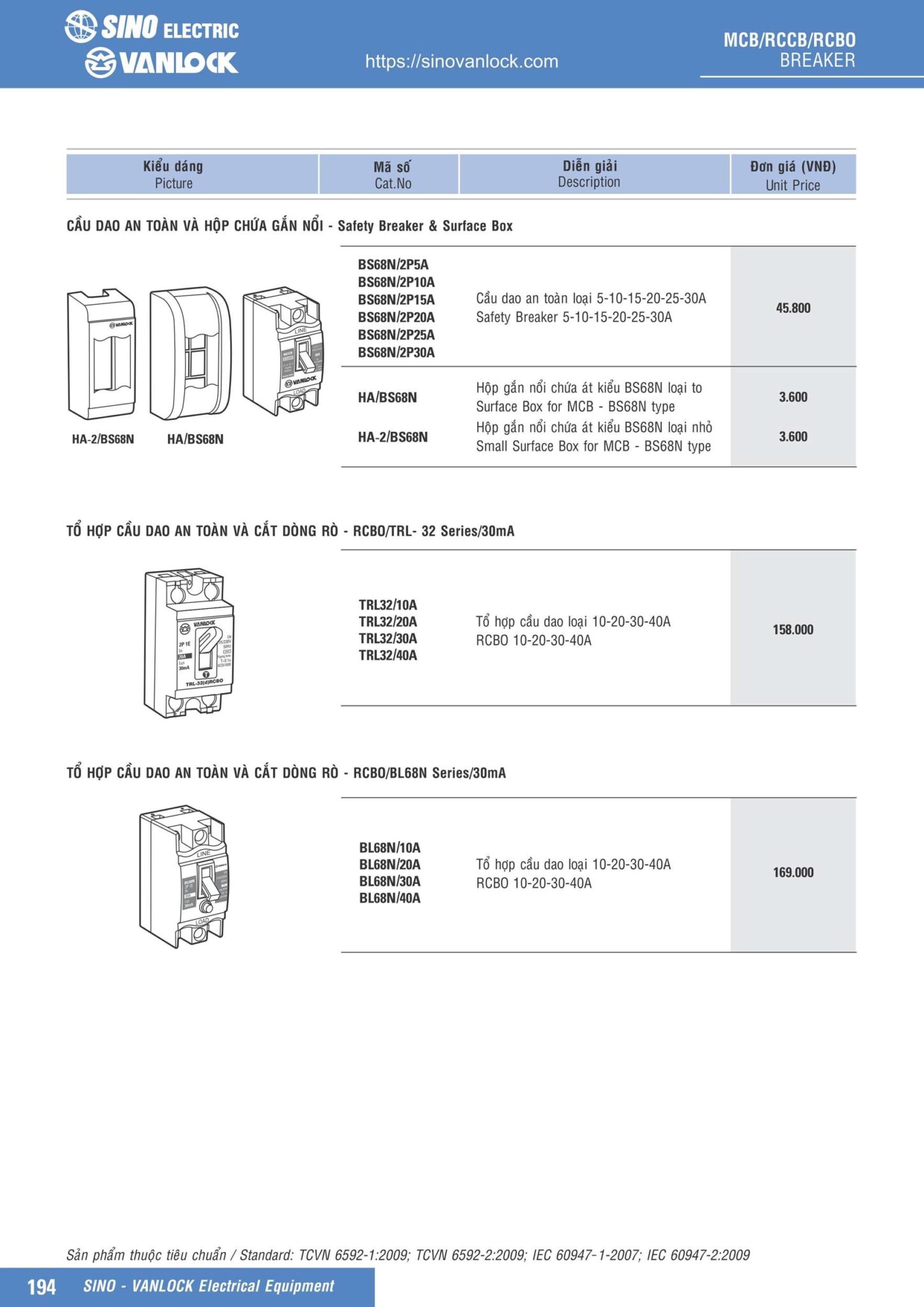 Bảng giá Aptomat MCB RCCB RCBO Sino Vanlock 6-2026